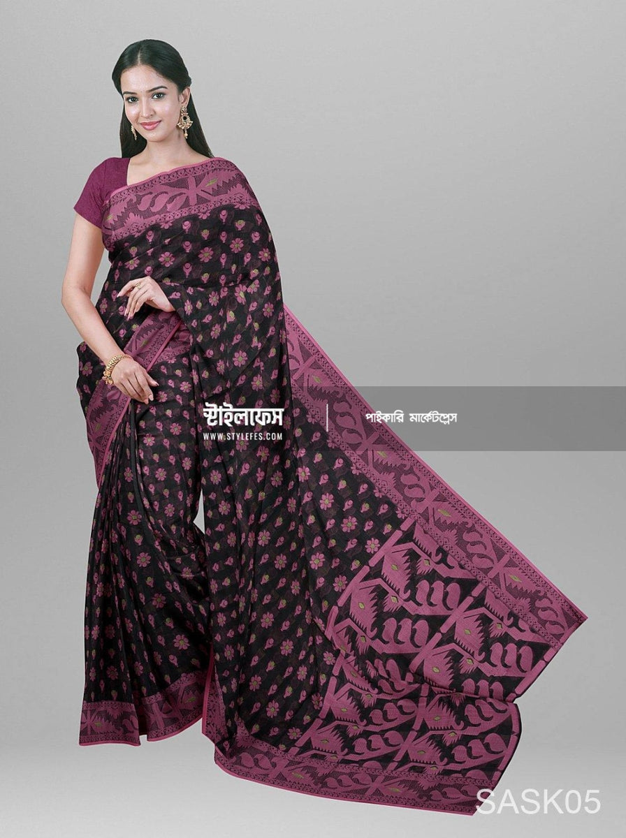 নাকফুল কালো গোলাপি ম্যাচিং জামদানি শাড়ি-সিল্ক শাড়ি - Wholesale Saree ...